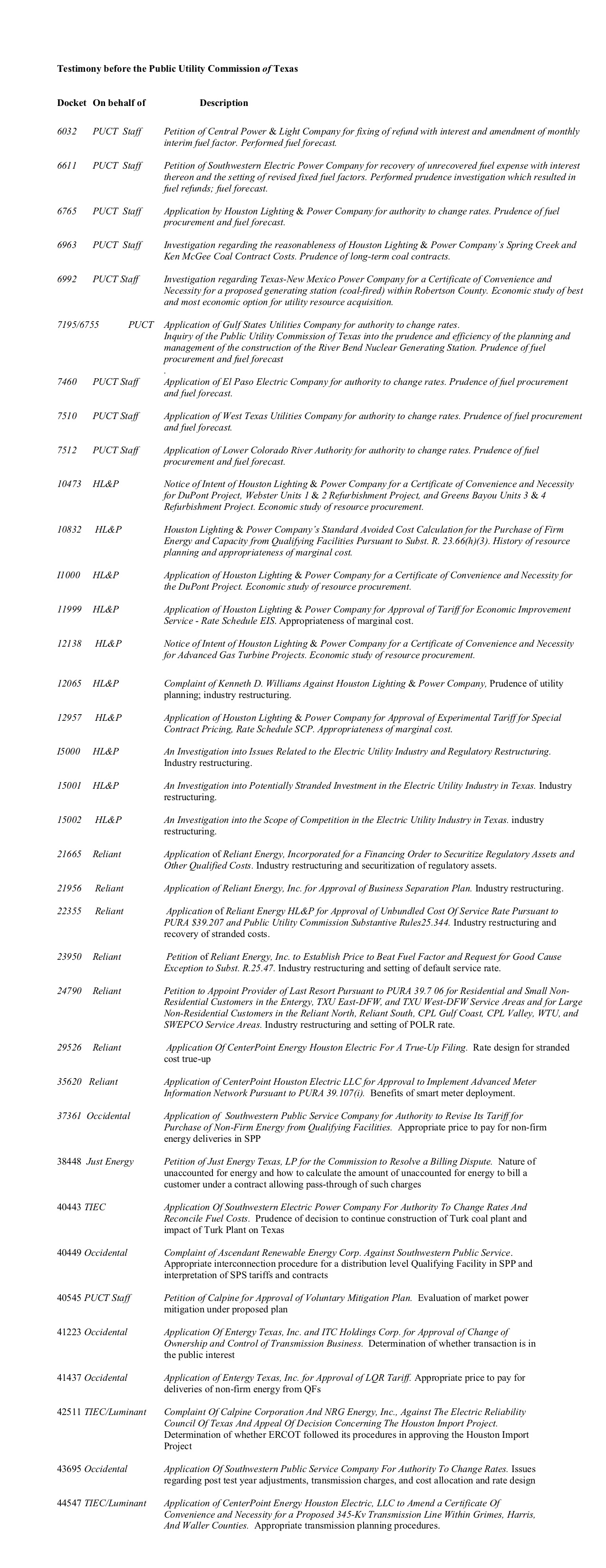 List of Testimony | Charles Griffey